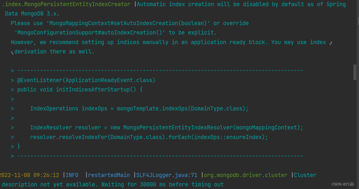 连接mongodb中提示Automatic index creation will be disabled by default 并连接超时_mongodb.auto-index ...