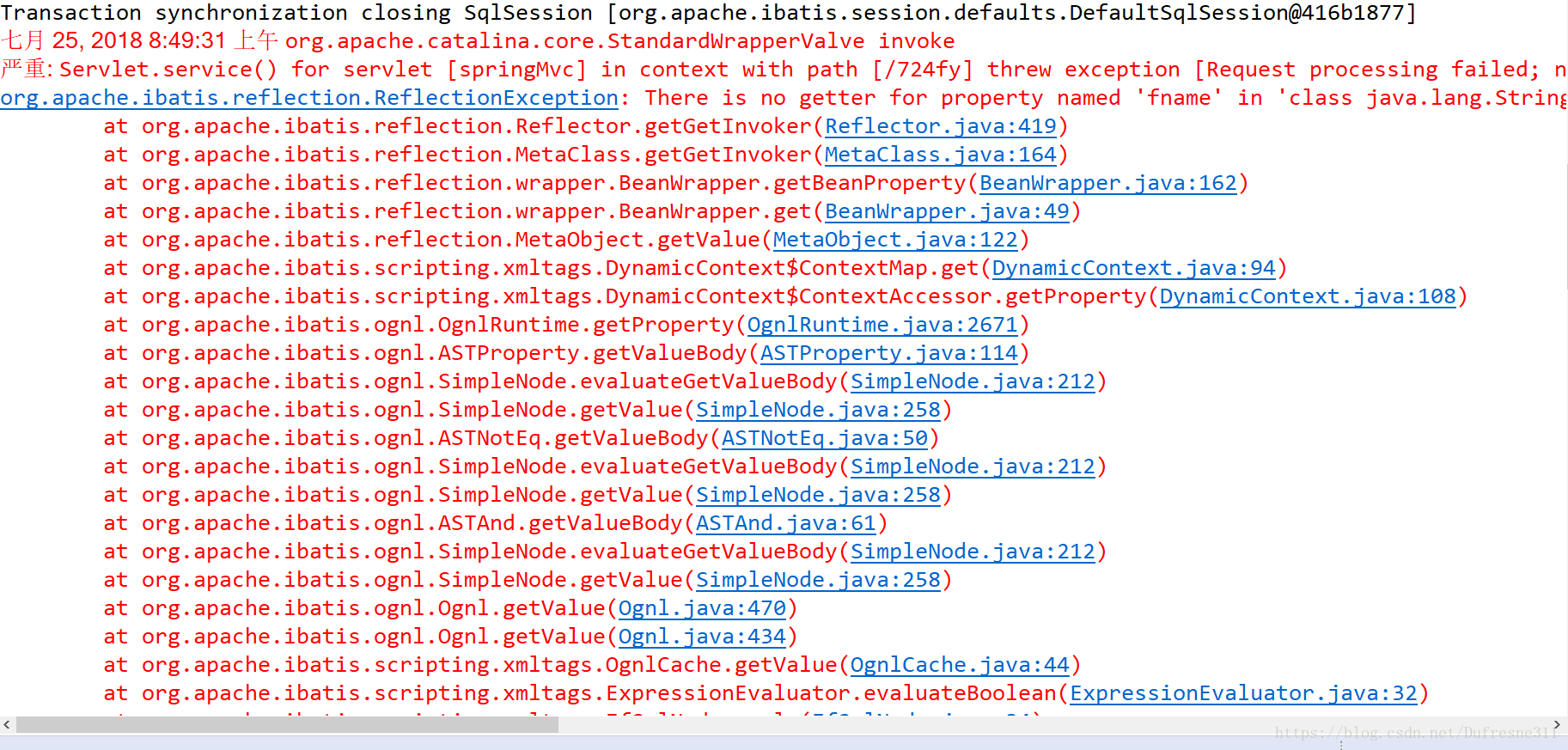 ReflectionException: There is no getter for property named 'fname' in 'class java.lang.String ...