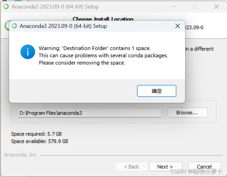 Warning: ‘Destination folder‘ contains 1 spaces. This can cause problems with several conda ...