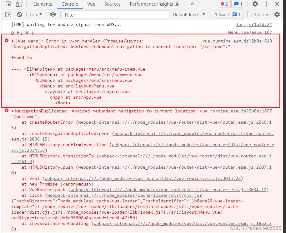 [Vue warn]: Error in v-on handler (Promise/async): “NavigationDuplicated: Navigating to current ...