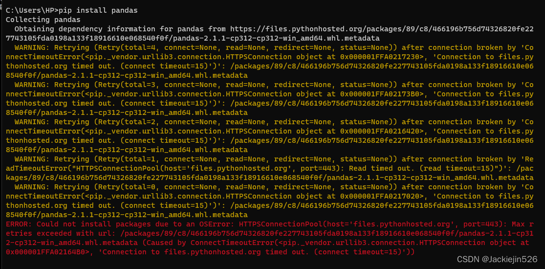Python 使用pip Install 时报错(warning Retrying Retry Total 4 Connect None Read None Redirect