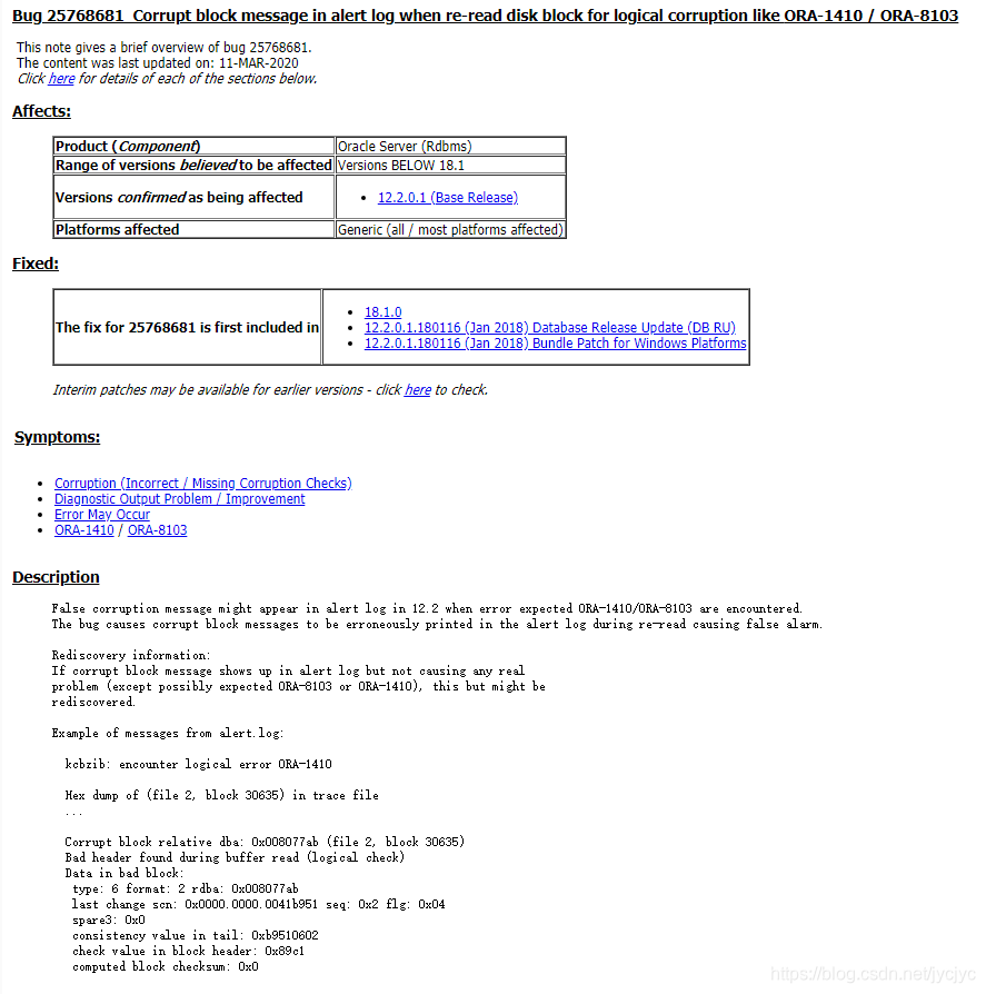 Alert Log Shows Corrupt Blocks or 1410 in alert log in 12.2 (Doc ID ...