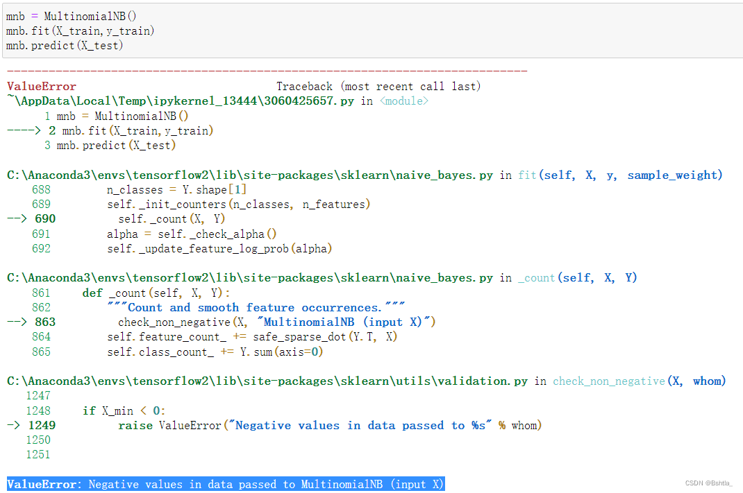 使用MultinomialNB分类器时报错解决方案_valueerror: negative values in data passed to ...