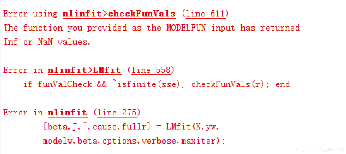 使用nlinfit函数进行拟合时出现Error using nlinfit＞checkFunVals (line 611)_lsqcurvefit stopped because the ...