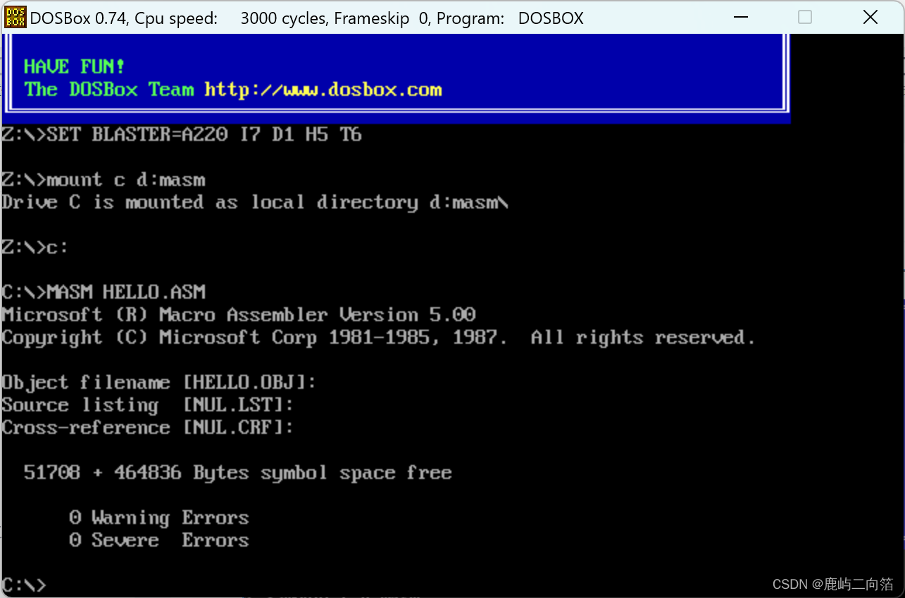 【保姆级详细步骤教学&用DOSBoxV0.74写出一个汇编语言程序输出Hello World！】_dosbox0.74使用教程-CSDN博客