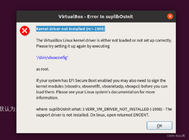 Virtualbox报错： Kernel driver not installed (rc=-1908)-CSDN博客