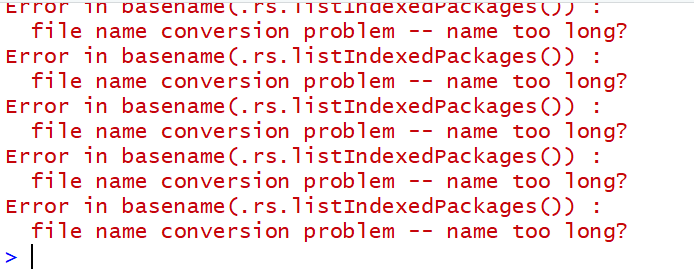 "Error in basename(.rs.listIndexedPackages()) : file name conversion ...