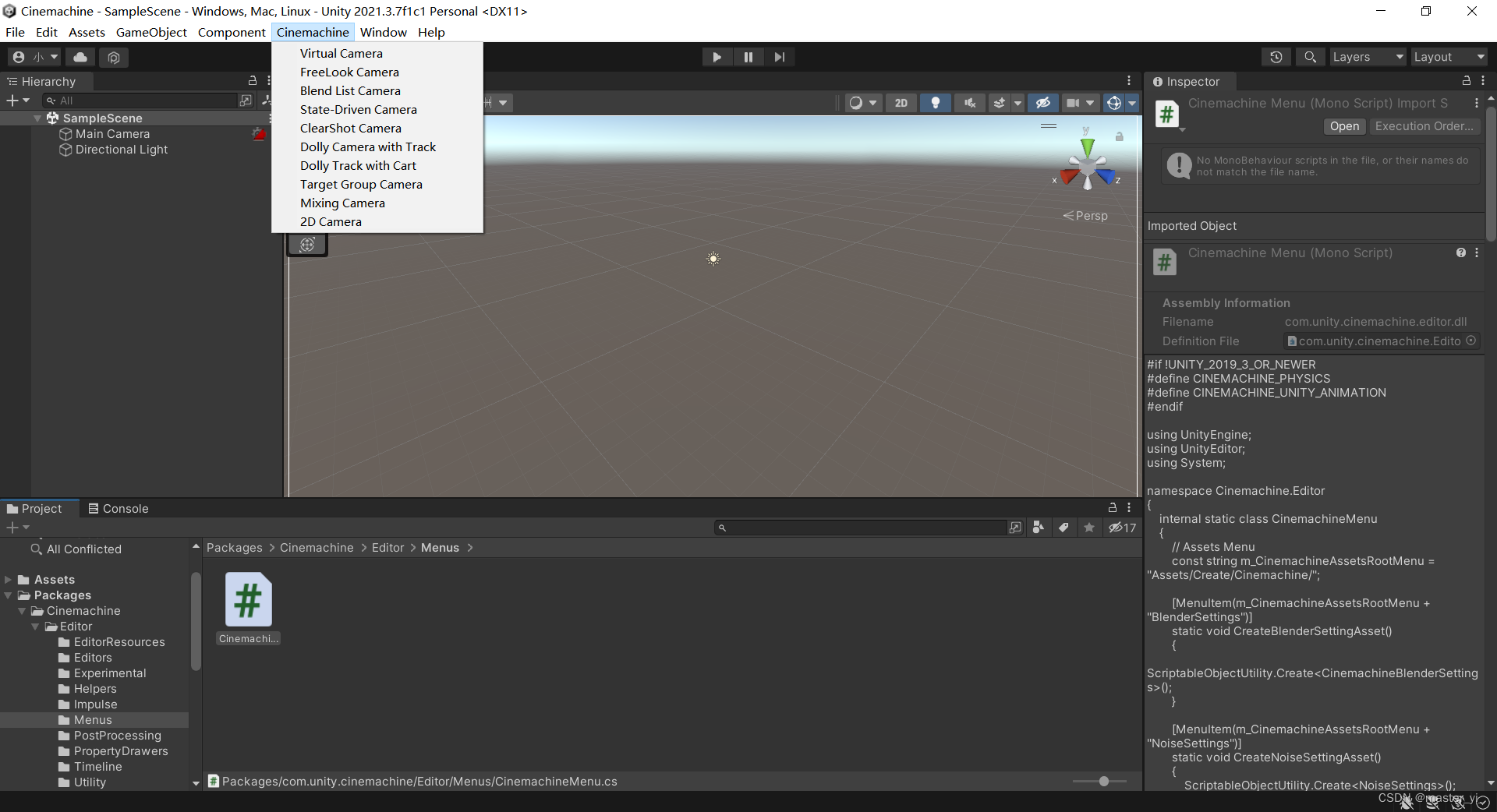 解决Unity导入Cinemachine插件后不显示在菜单栏而是显示在Gameobject栏的问题_unity插件导入后找不到了怎么办-CSDN博客