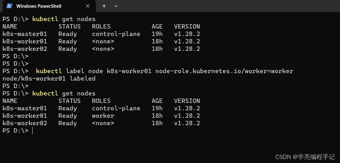 k8s给worker节点打标签示例：kubectl label node k8s-worker01 node-role.kubernetes ...