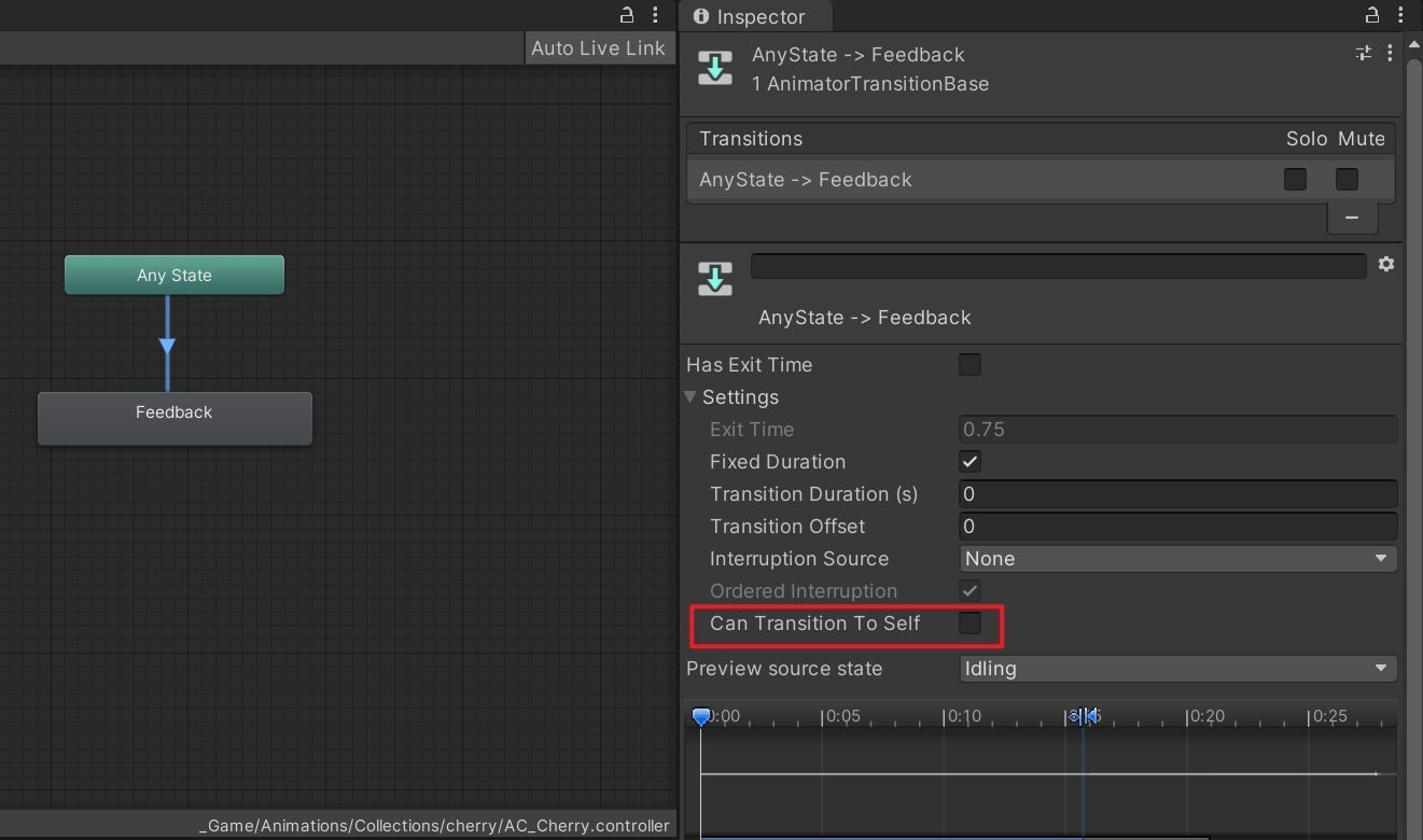 【Unity游戏开发中的常见问题第二卷】AnyState小坑导致动画卡在第一帧_can transition to self-CSDN博客