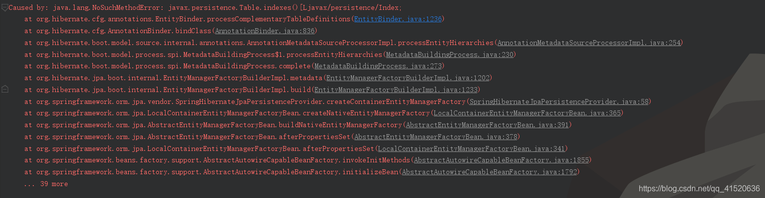 Caused by: java.lang.NoSuchMethodError: javax.persistence.Table.indexes()[Ljavax/persistence ...