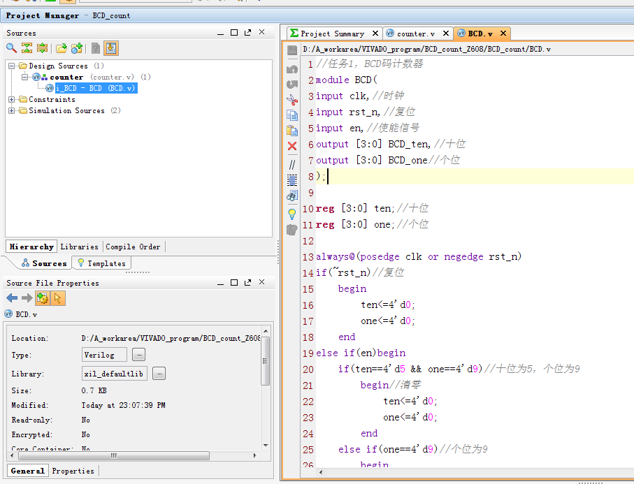 BCD码计数器Verilog代码vivado仿真_编写veriloghdl代码实现模为60的bcd码加减法计数器,并编写测试代码进行测试。-CSDN博客