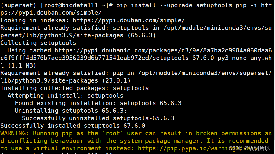 pip安装解决报错：WARNING: Running pip as the ‘root‘ user can result in broken permissions and ...