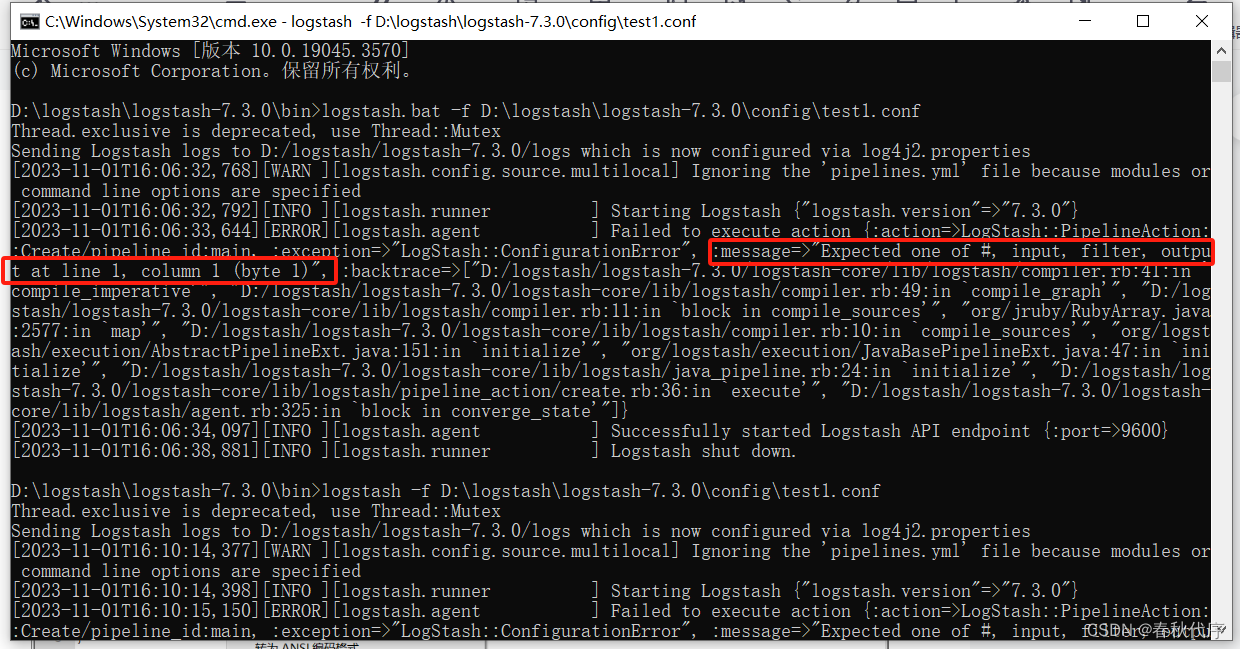 logstash启动失败，[ERROR][logstash.agent ] Failed to execute action_[2023-12-05t14:19:15,250][error ...