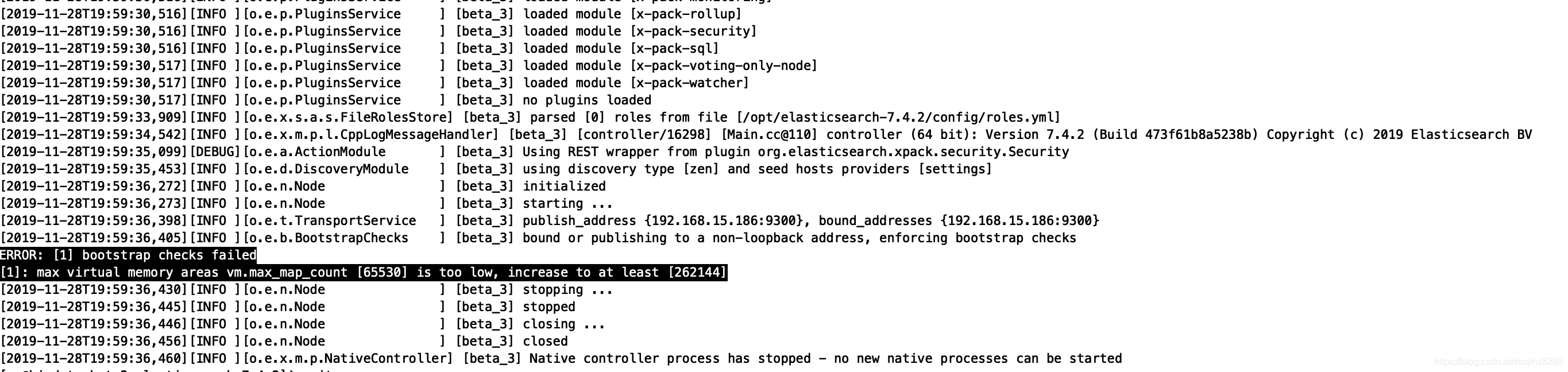 ERROR: [1] bootstrap checks failed [1]: max virtual memory areas vm.max_map_count [65530] is too ...