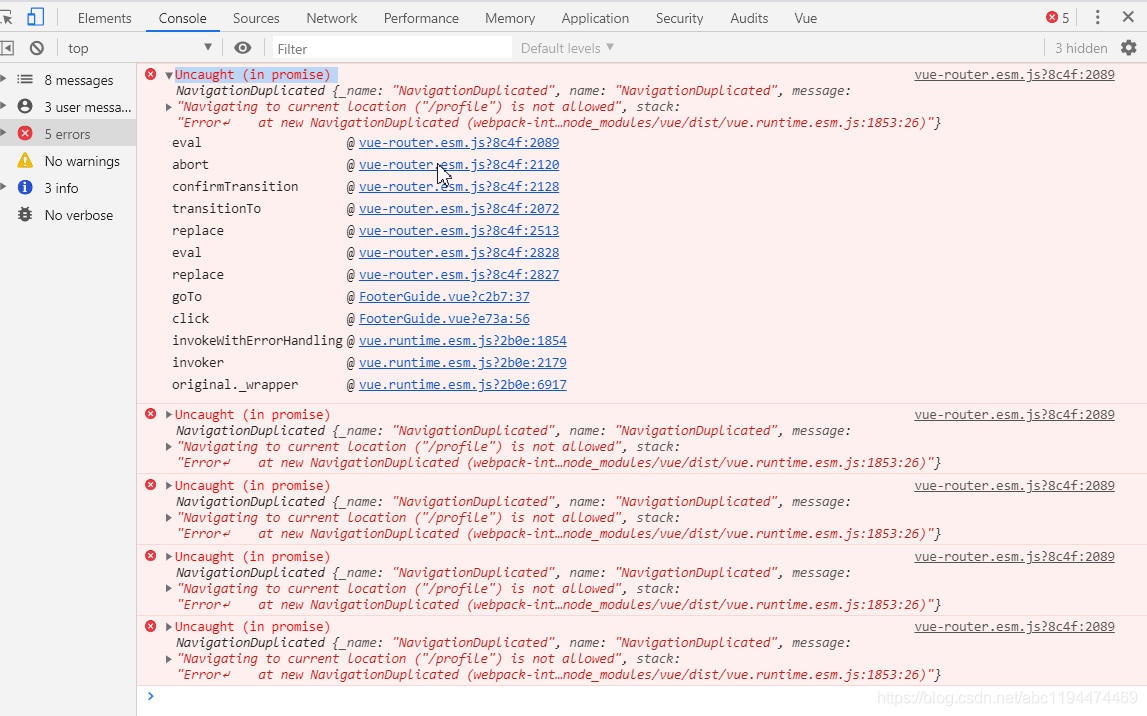vue-cli3中，重复点击同一个标签实现路由跳转，出现Uncaught (in promise) NavigationDuplicated: Avoided redundant ...