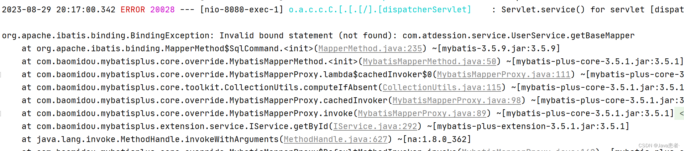 [已解决]Invalid bound statement (not found): com.atdession.service.UserService.getBaseMapper ...