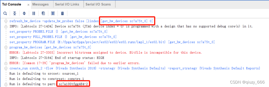 bitstreams文件生成失败：Incorrect bitstream assigned to device.Bitfile is incompatible for this device ...