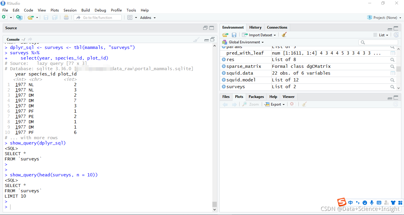R语言构建仿真数据库（sqlite）并使用dplyr语法和SQL语法查询数据库、将dplyr语法查询语句翻译为SQL查询语句_rstudio和sqlite-CSDN博客