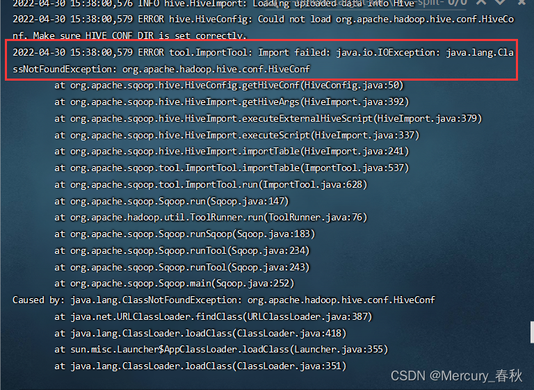 Sqoop进行导入数据到Hive时报错：ERRORtool.ImportTool:Importfailed:java.io.IOException:java.lang ...