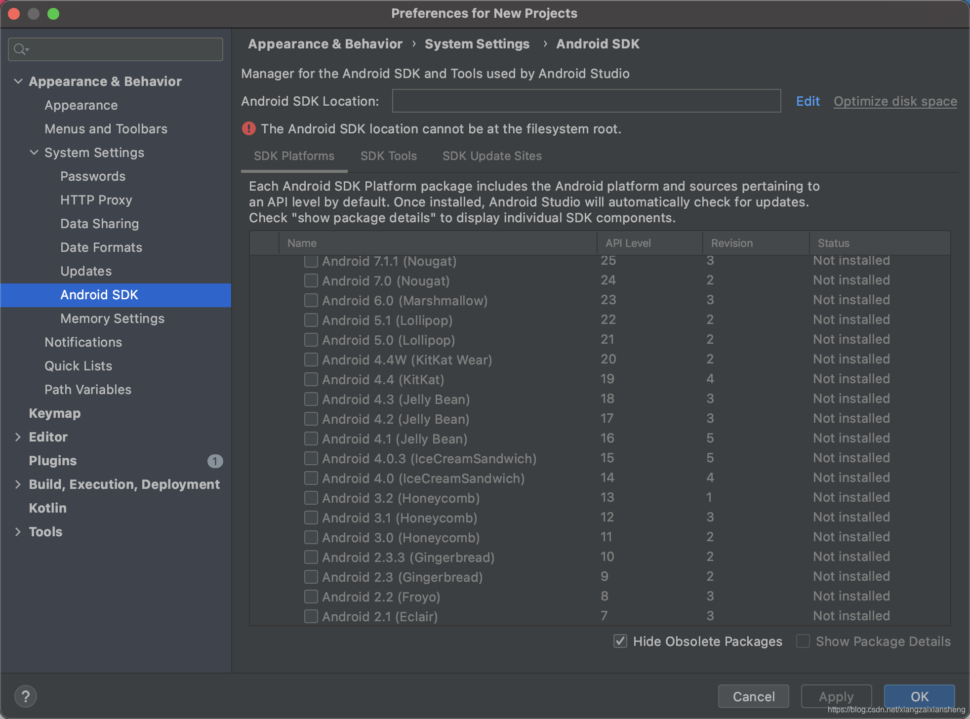 mac 解决安装Android Studio 报错The Android SDK location canot be at the filesystem root_the android ...