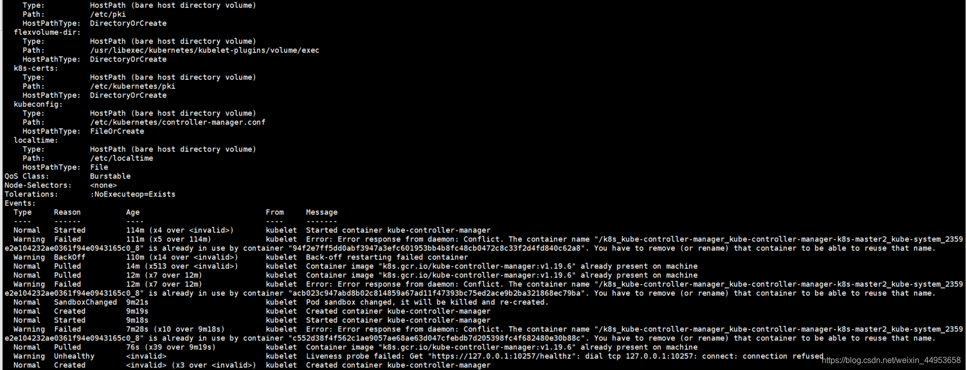 k8s核心组件报错Container image “k8s.gcr.io/kube-controller-manager:v1.19.6“ already present on machine ...
