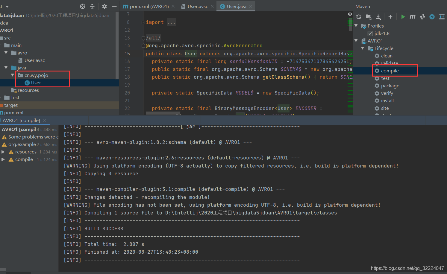 Failed to execute goal org.apache.avro:avro-maven-plugin:1.8.2:schema (default) on project AVRO1 ...