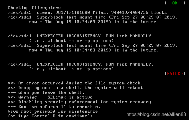 Linux中修改时间后报错：/dev/sda5:UNEXPECTED INCONSISTENCY;RUN fsck MANUALLY._inconsistency; run fsck ...