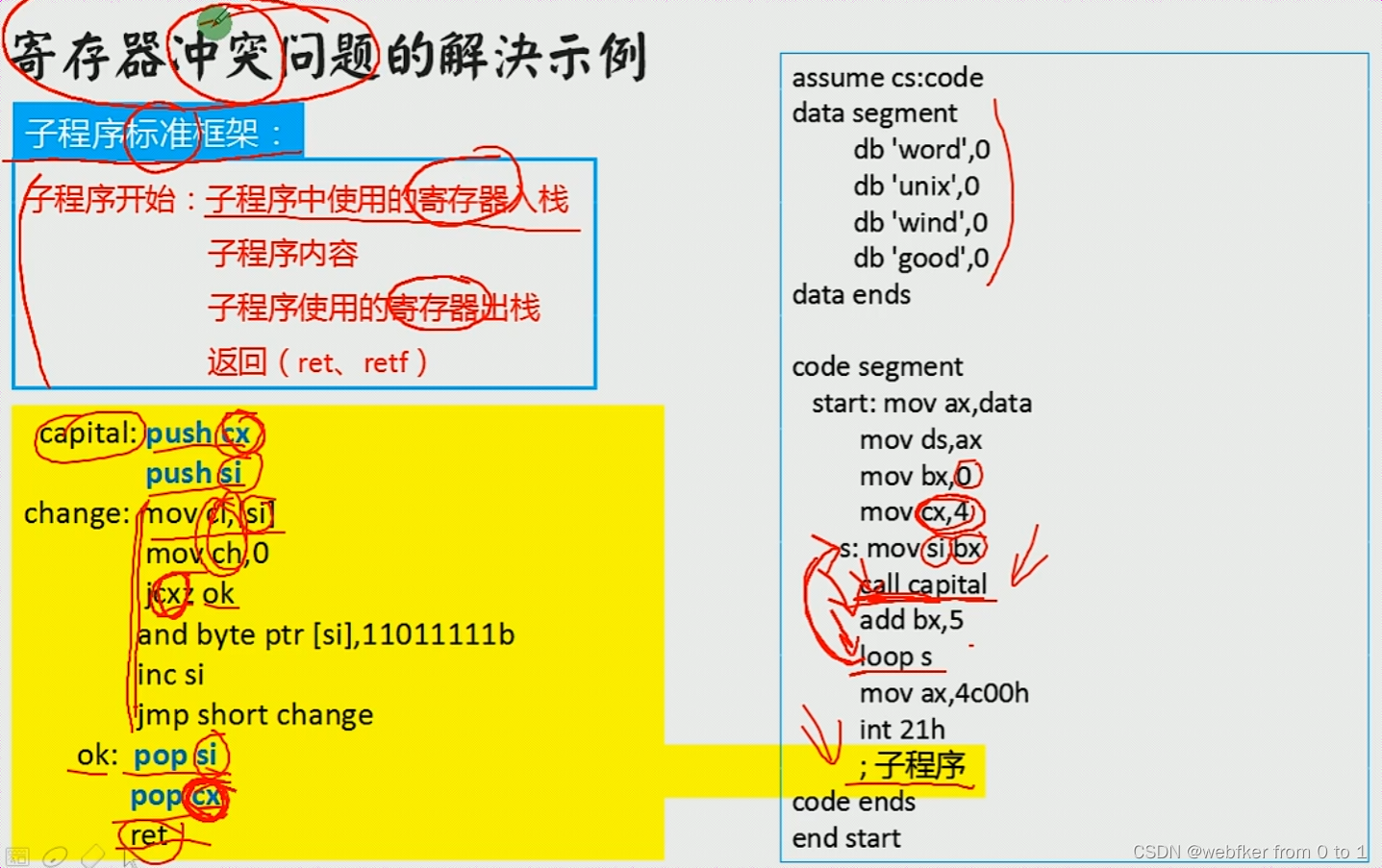 【汇编】模块化程序——call指令和ret指令作用、具有子程序的源程序框架、mul乘法指令、8位与16位乘法、寄存器冲突问题内存call是