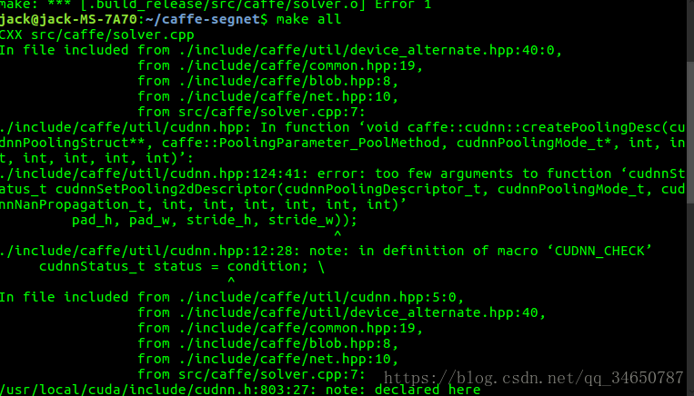 配置caffe-segnet -cudnn::createpoolingDesc(cudnnPoolingStruct**, caffe::PoolingParameter ...