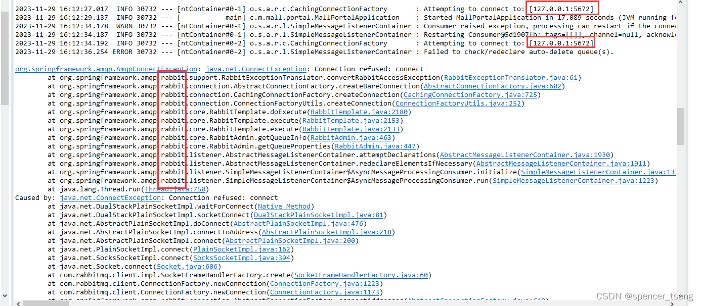 org.springframework.amqp.AmqpConnectException: java.net.ConnectException: Connection refused ...