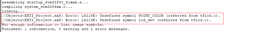 stm32结合TFLCD编程遇到的问题之.\Objects\EXTI_Project.axf: Error: L6218E: Undefined symbol POINT_COLOR ...