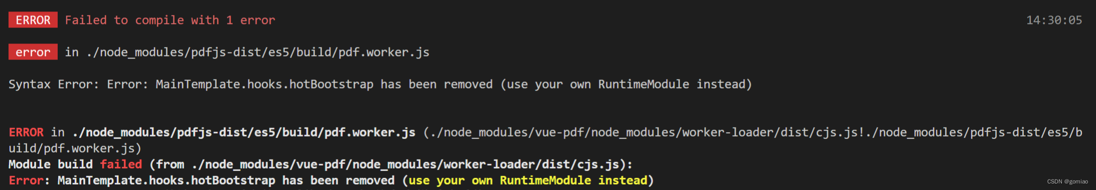 引入vue-pdf报错：MainTemplate.hooks.hotBootstrap has been removed (use your own RuntimeModule instead ...