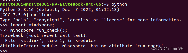 【python中import mindspore成功，但是报错AttributeError: module ‘mindspore‘ has no attribute ‘run_check ...