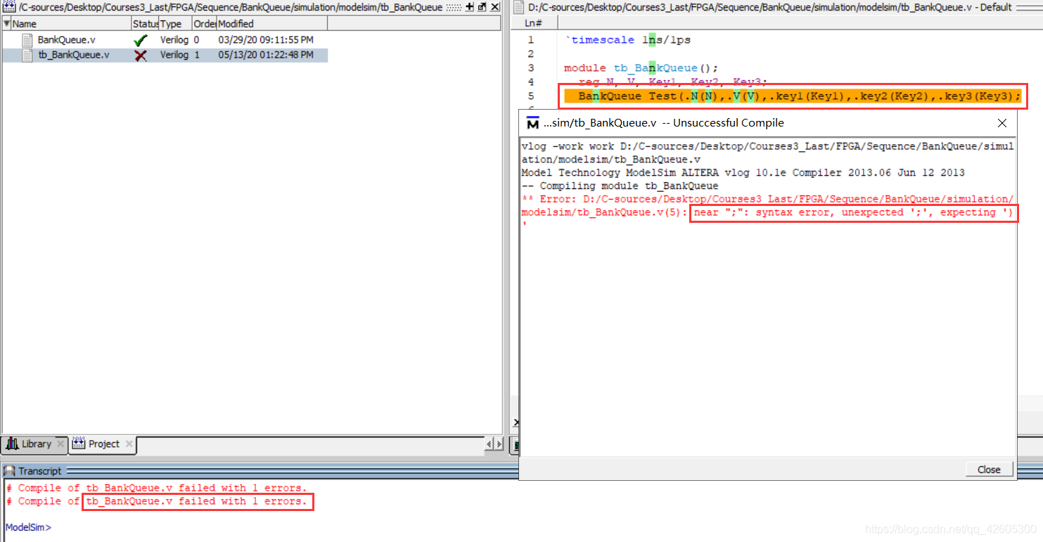 【Modelsim仿真】near “；“: syntax error, unexpected ‘；‘, expecting ‘) 调试出错_near "[": syntax error ...