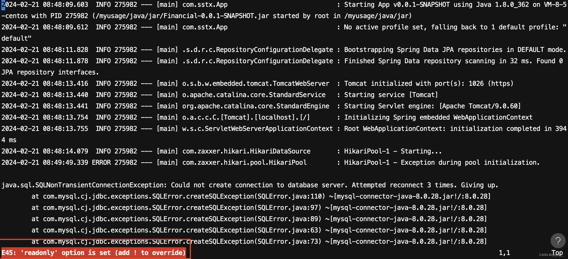 当您在Vim编辑器中遇到 E45: ‘readonly‘ option is set (add ! to override) 错误_e45: 'readonly' option is set ...