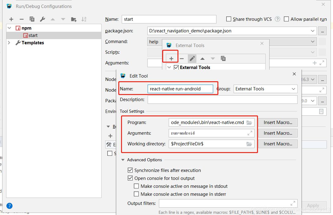 WebStorm里配置运行React Native_webstorm info run "react-native --help" to ...