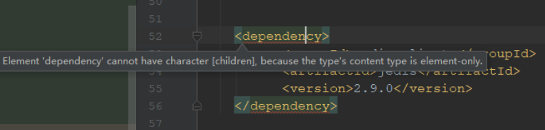 pom报错：Element' dependency' cannot have character [ children], because the type's content type is ...