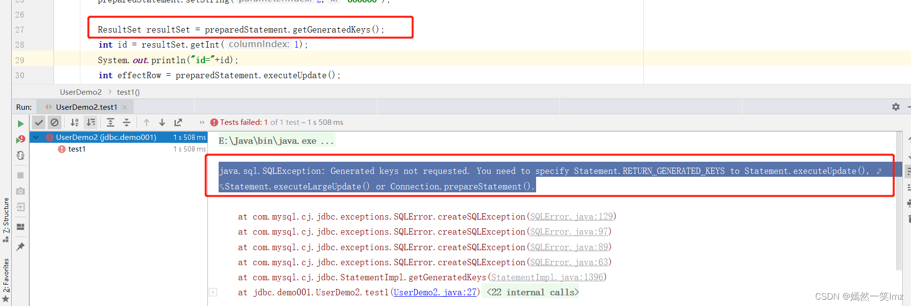 jdbc获取主键报错：java.sql.SQLException: Generated keys not requested. You need to specify Statement ...