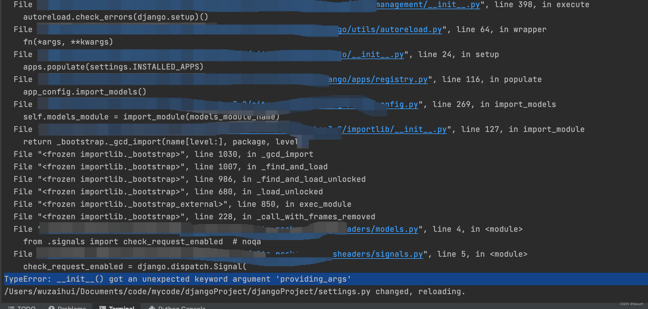 启动django报错：TypeError: __init__() got an unexpected keyword argument ‘providing_args‘_django初始化 ...