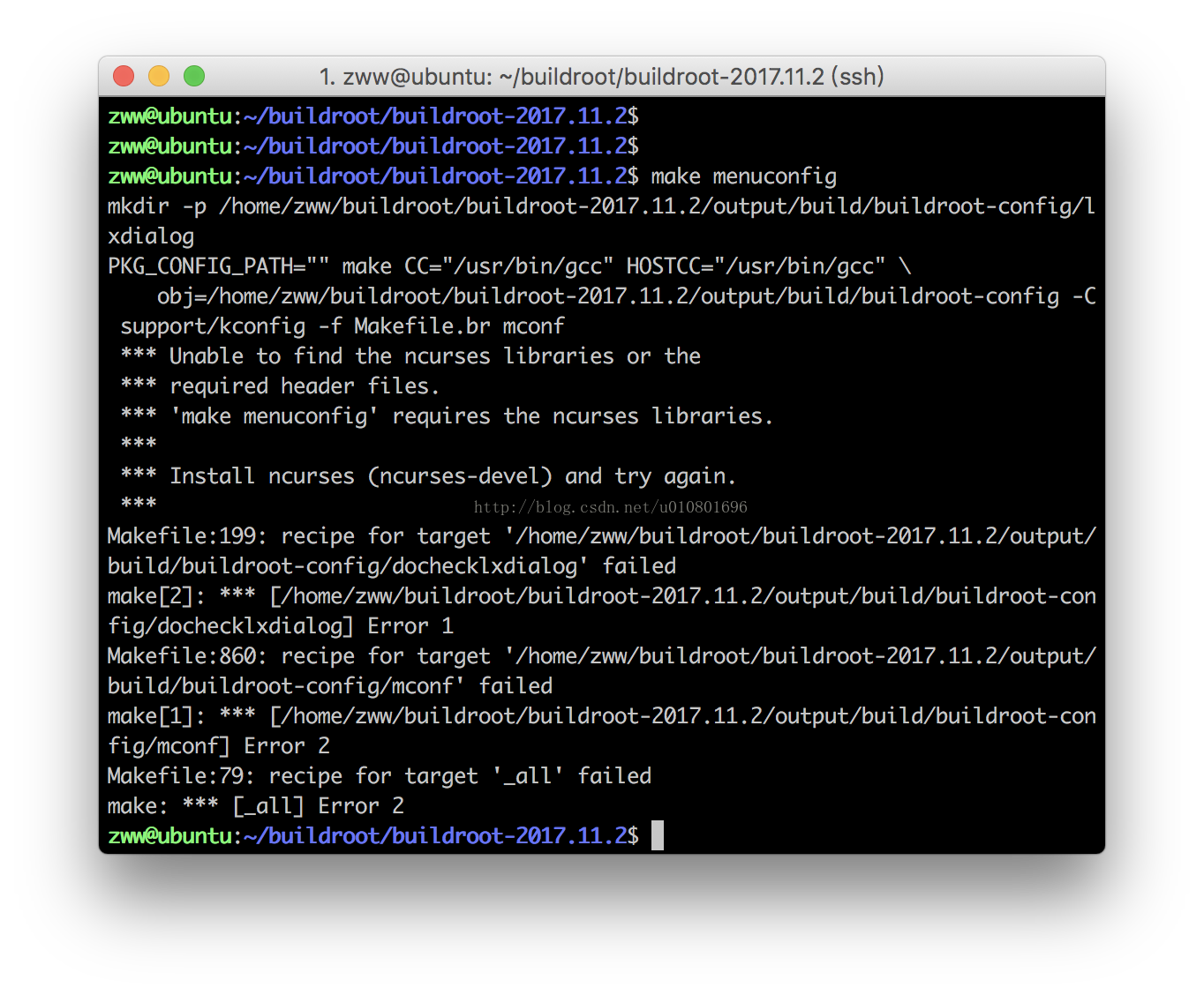 【嵌入式-系统移植】make menuconfig 提示：‘make menuconfig‘ requires the ncurses ...