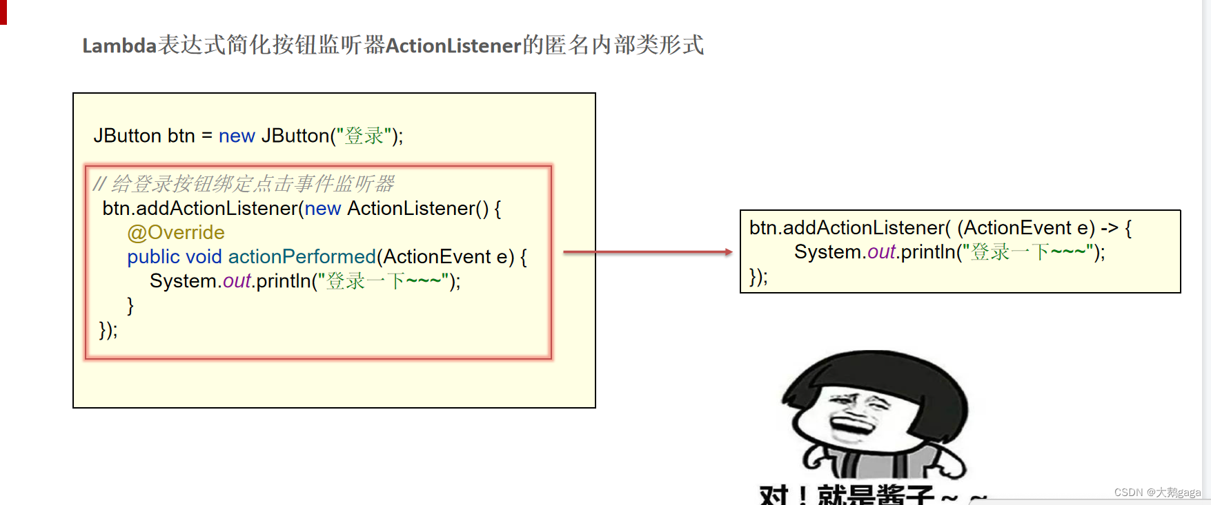 Java Lambda表达式 即是简化匿名内部类的代码写法直接用匿名内部类实现actionlistener函数式接口，再用lamaba表达式简化书写 Csdn博客