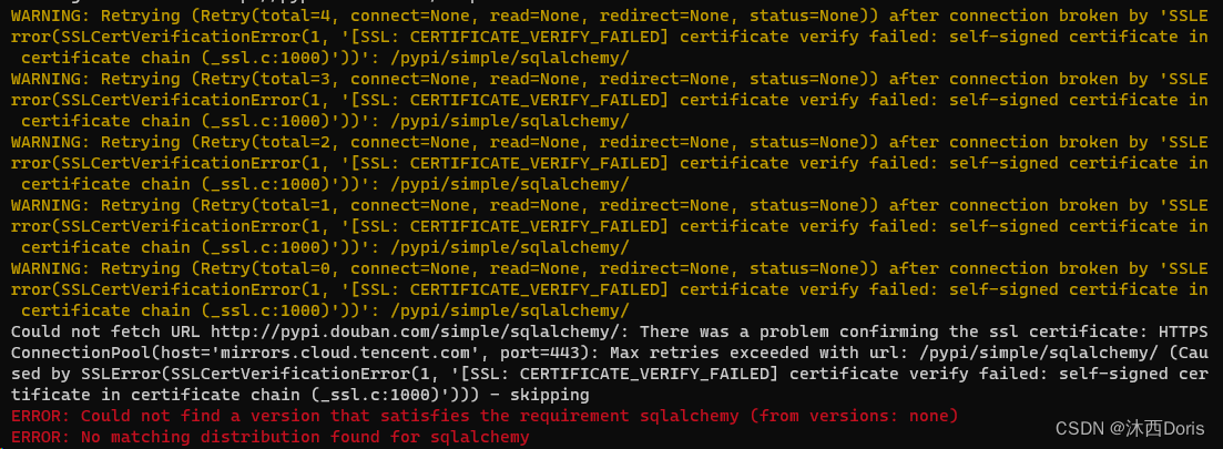 Pip Install 安装第三方库pymysql ,sqlalchemy时提示 Warning Retrying Retrytotal
