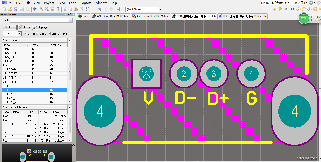 基于USB-A口 D口 Mini-USB Micro-USB 最全USB接口RJ45+TFCARD卡pcb封装 Altium库（AD库 ...