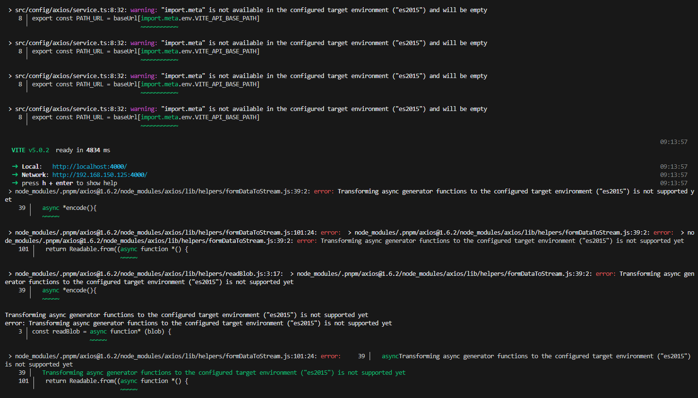 Transforming async generator functions to the configured target environment (“es2015“) is not ...