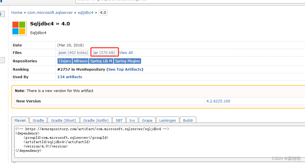 关于 Cannot resolve com.microsoft.sqlserver:sqljdbc4:4.0的问题_dependency 'com.microsoft.sqlserver ...