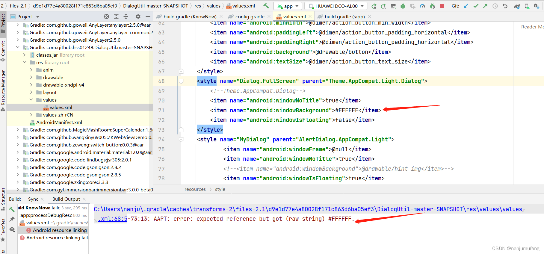 Android error: expected reference but got (raw string) #FFFFFF._android resource linking failed ...