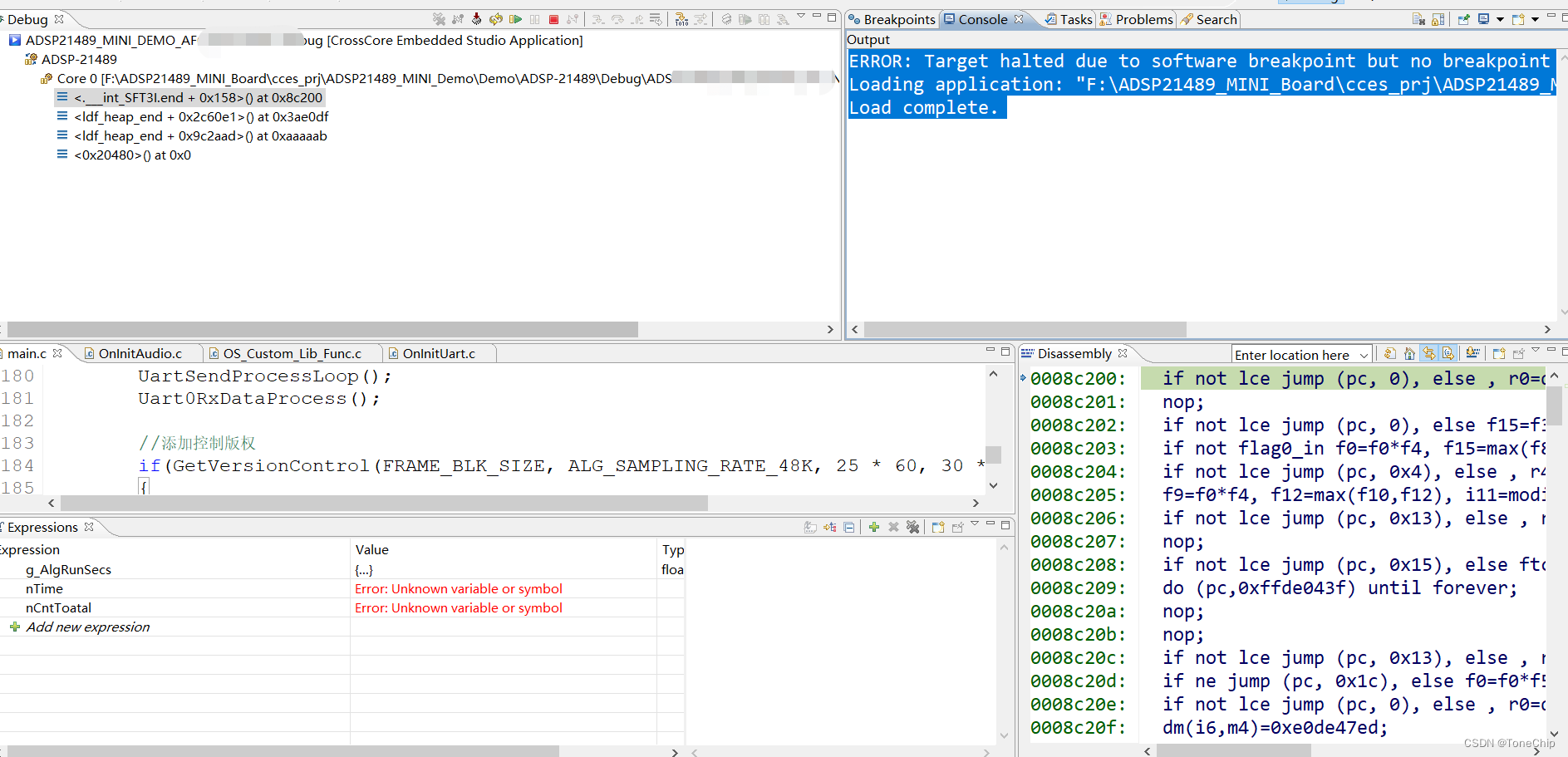 ADSP21489仿真:Failed to set breakpoint: Can‘t set breakpoints in the current state: Running_cannot ...