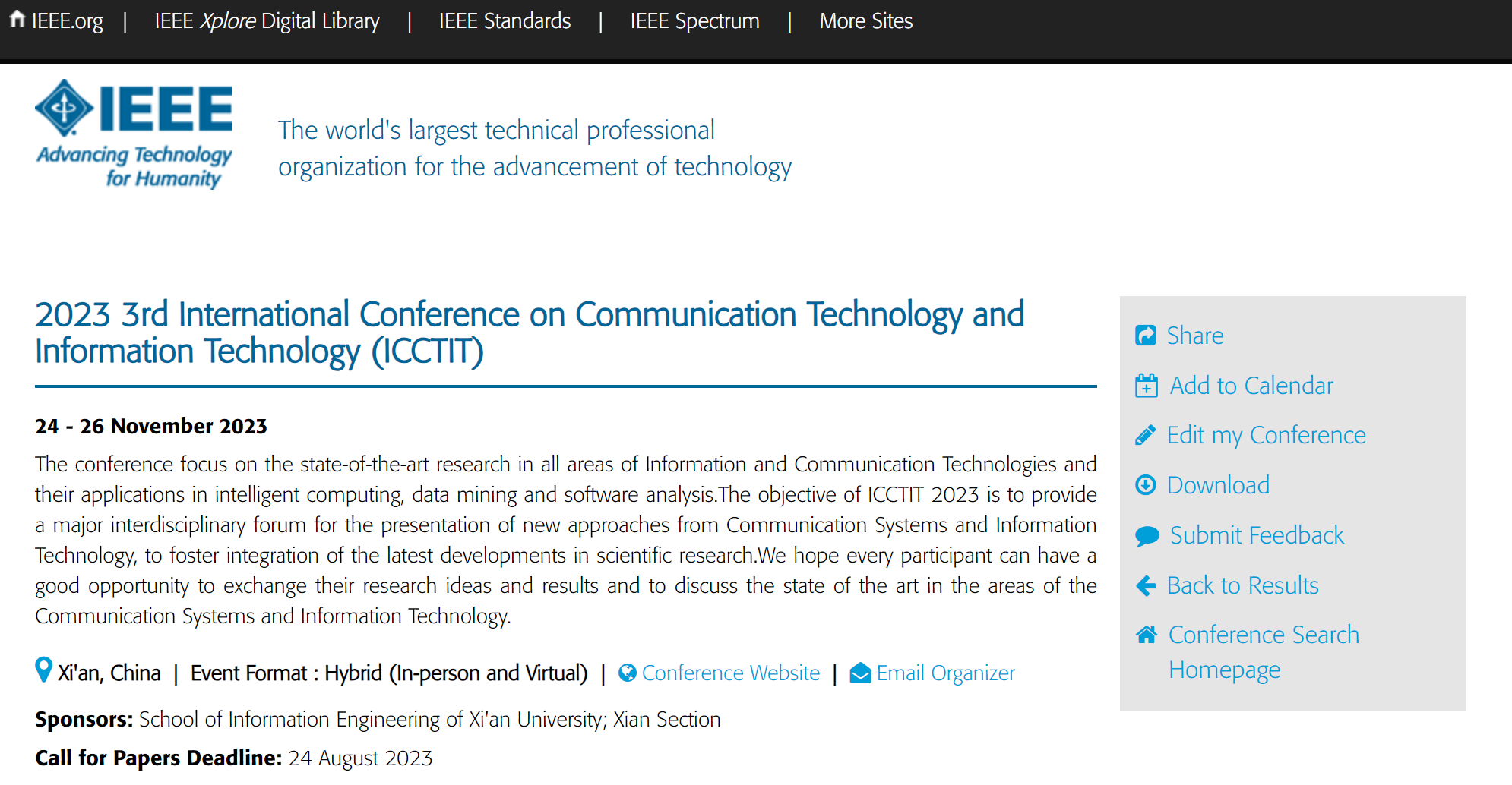 【西安文理学院主办|IEEE独立出版 | 往届均已检索成功，EI，Scopus 稳定检索 | 特邀IEEE Fellow报告】第三届通讯技术与信息科技国际学术会议（ICCTIT 2023 ...