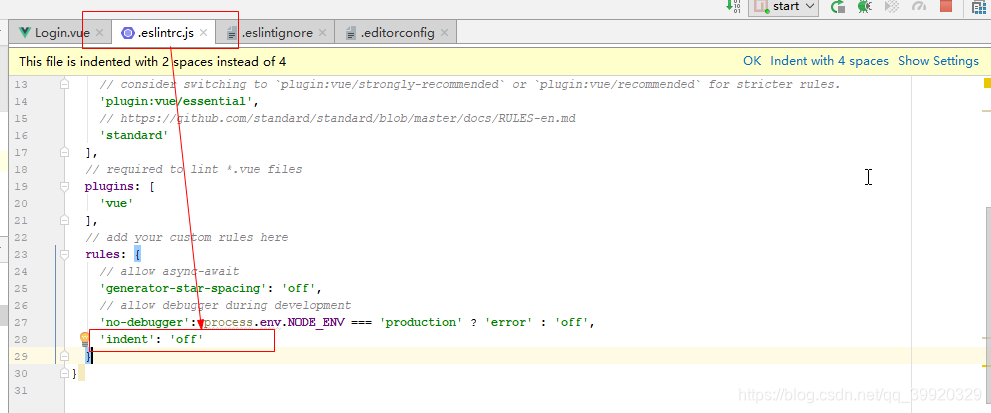 新建Vue项目,报错Expected indentation of 2 spaces but found 8_expected indentation of 20 spaces but ...